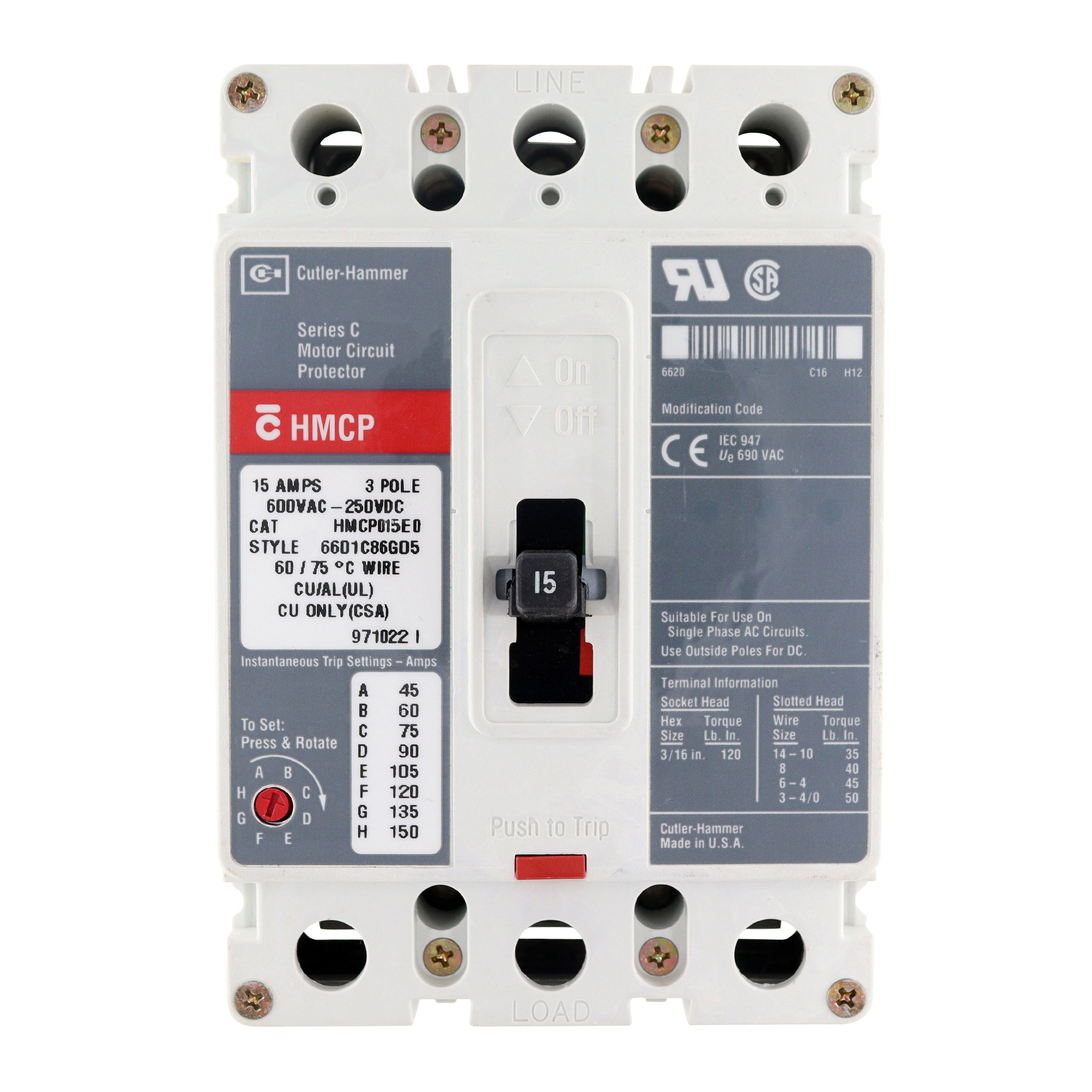 EATON CUTLER-HAMMER HMCP015E0 MOTOR CONTROL CIRCUIT BREAKER, 3P, 600V ...