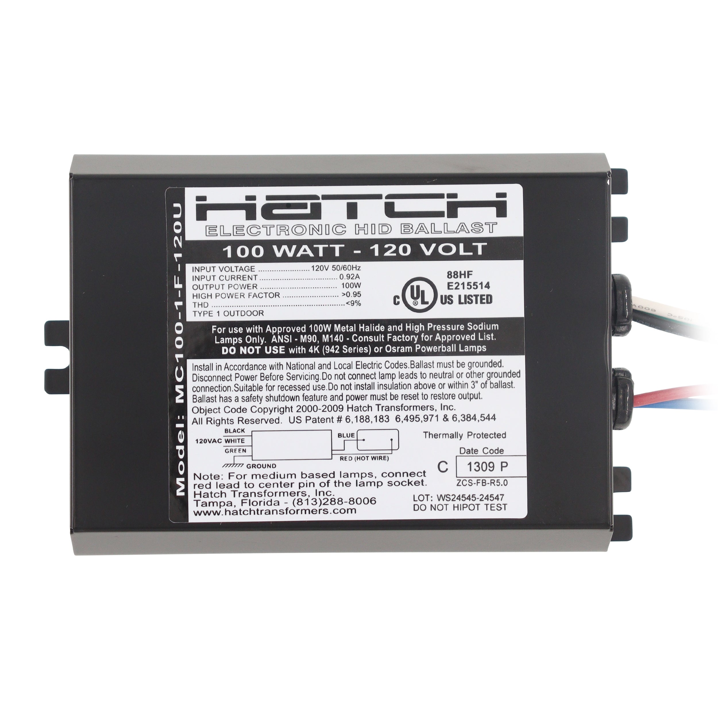 Hatch Lighting MC100-1-F-120U Electronic Hid Mh Hps Ballast, M90, 100W ...