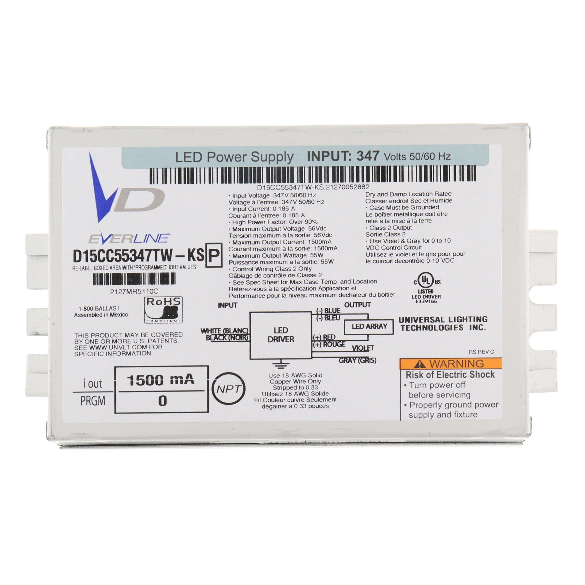 UNIVERSAL D15CC55347TW-KS DIMMABLE 0-10V LED DRIVER, 56V, 1500MA, 55W ...